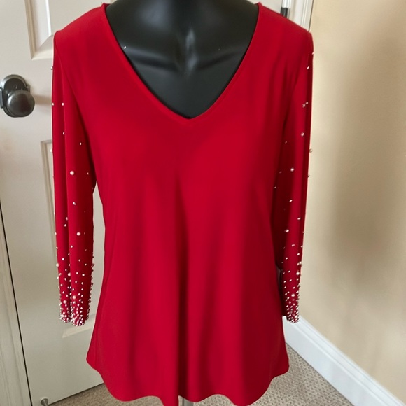 Tops | Nwt Dressy Red Top With Rhinestone And Pearl Accented Sleeves ...